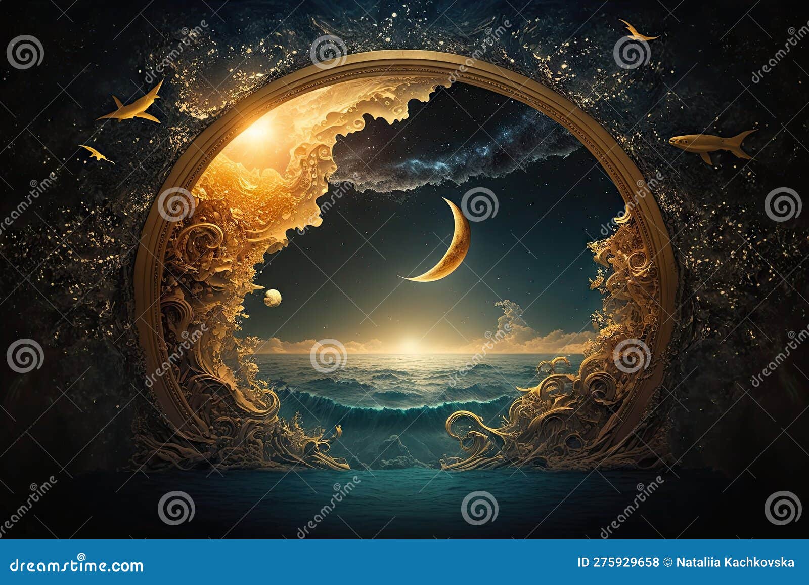 Mythical Golden Space with Ocean and Young Moon Stock Illustration ...
