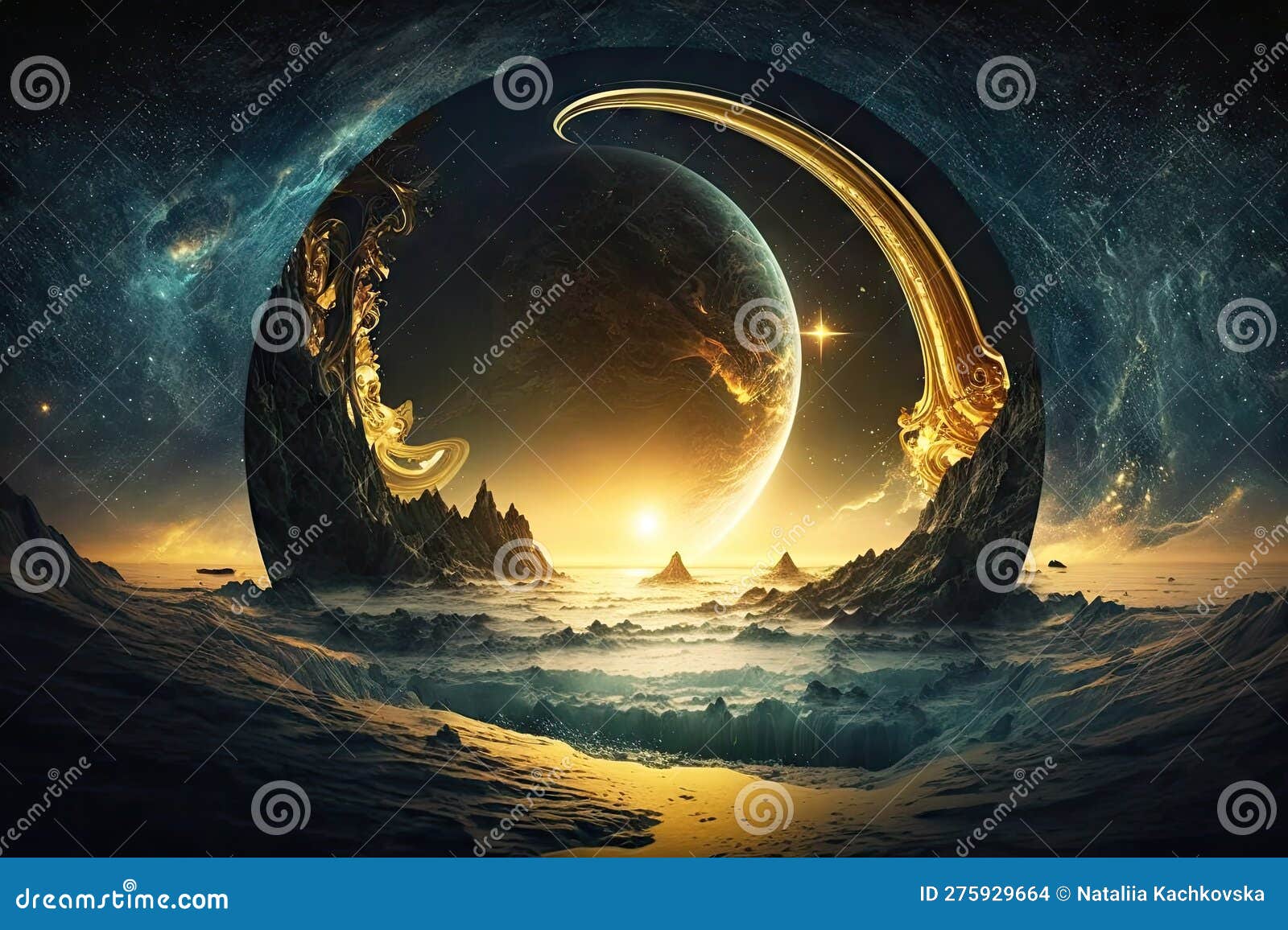 Mythical Golden Space with Ocean and Young Moon Stock Illustration ...