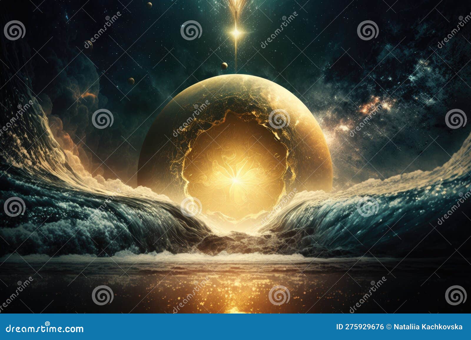 Mythical Golden Space with Ocean and Young Moon Stock Illustration ...