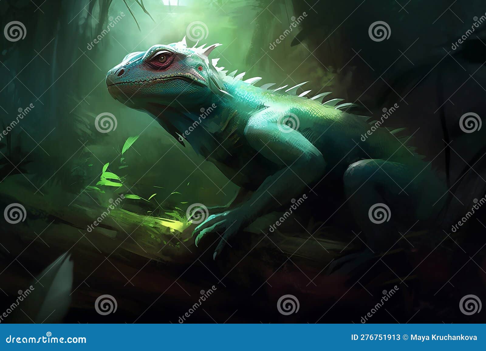 Mythical Green Lizard Sitting on Branch in Jungles Stock Illustration ...