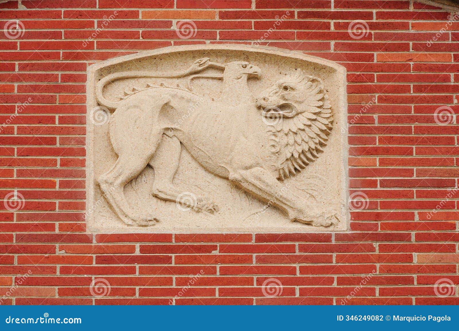 Mythical Lion Relief on Brick Wall with Intricate Carvings and Textures ...