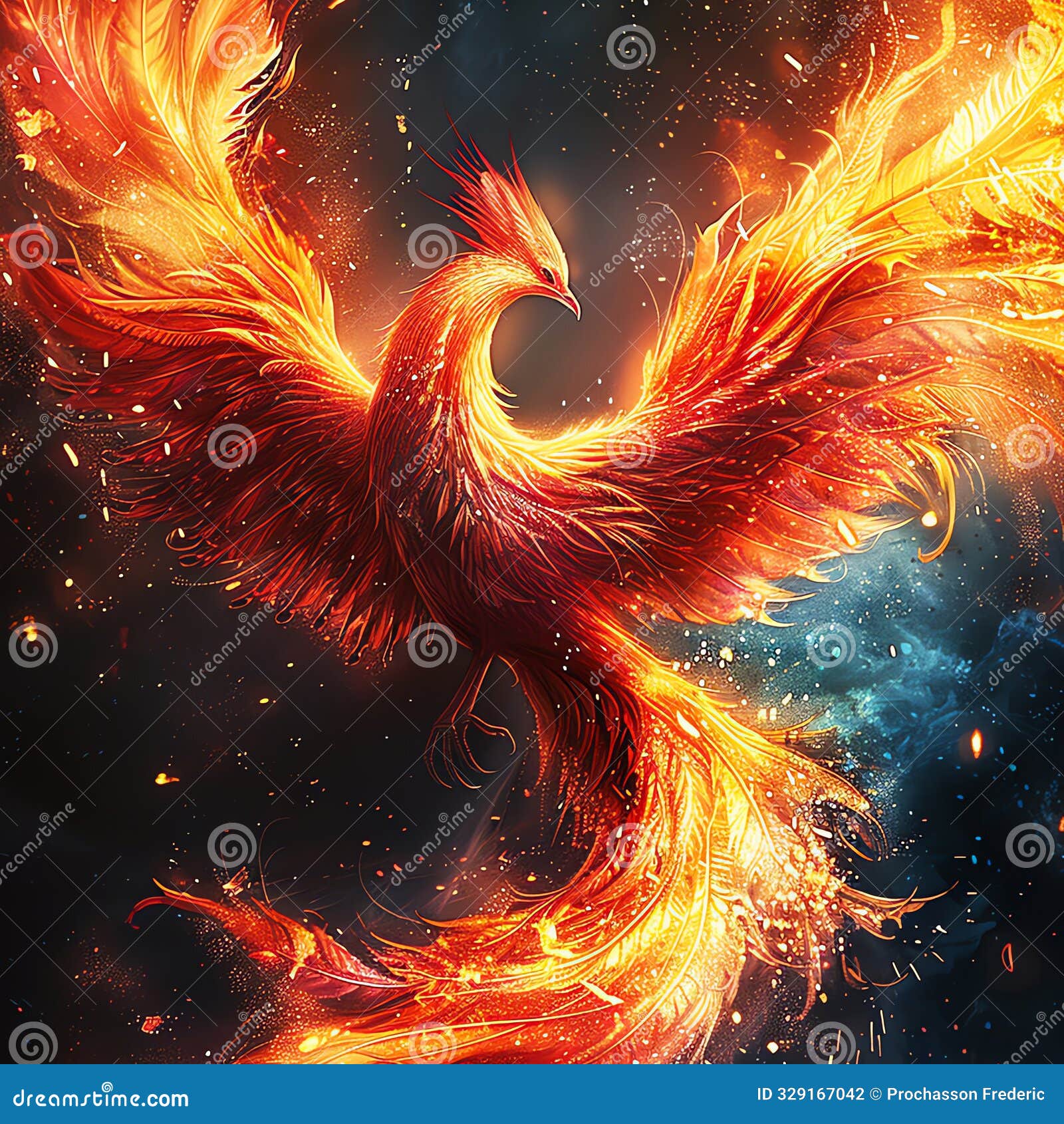 Mythical Phoenix Rising From Ashes Under A Starry Sky Its Feathers ...