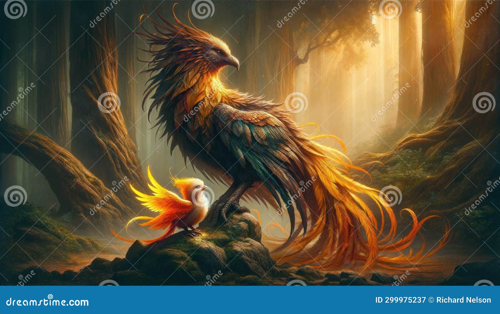 Mythical Phoenix Birds in Enchanted Forest Stock Illustration ...