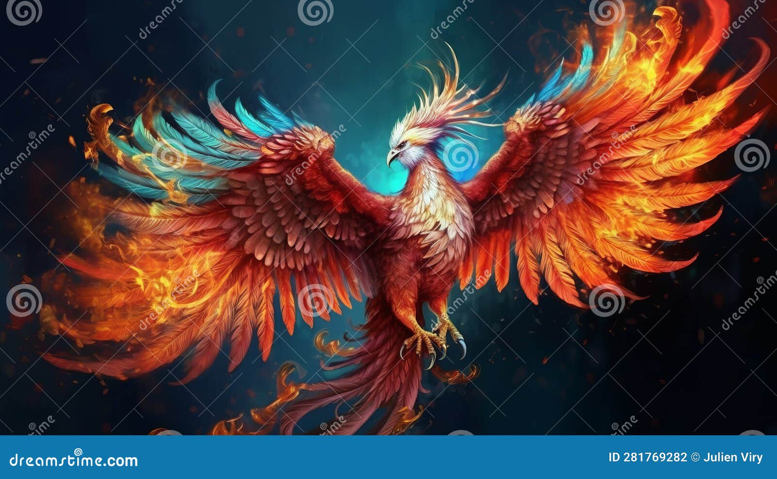 Mythical Phoenix with Open Wings Illustration with Bright Colors Stock ...