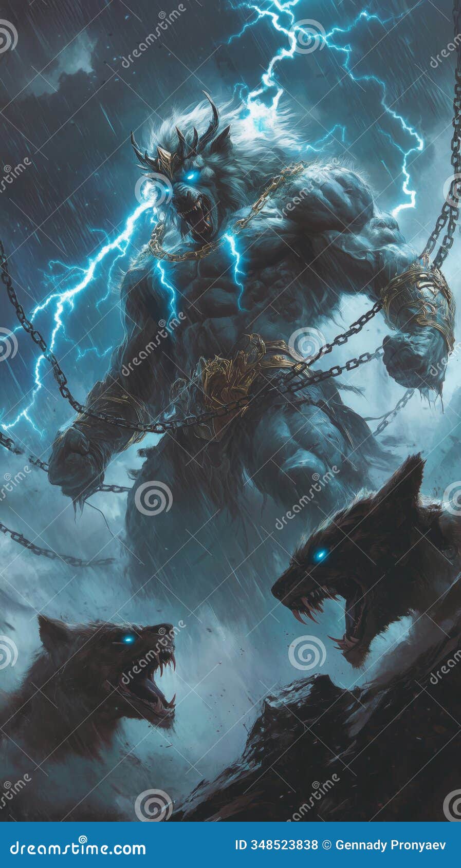 Mythical Thunder Beast Unleashing Power Amidst Storm with Wolves Stock ...