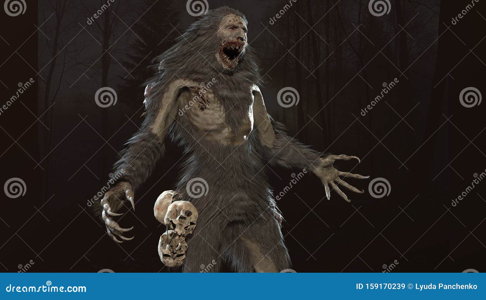 Wendigo Monster Head. Animal Skull With Deer Horns Fur And Ears ...