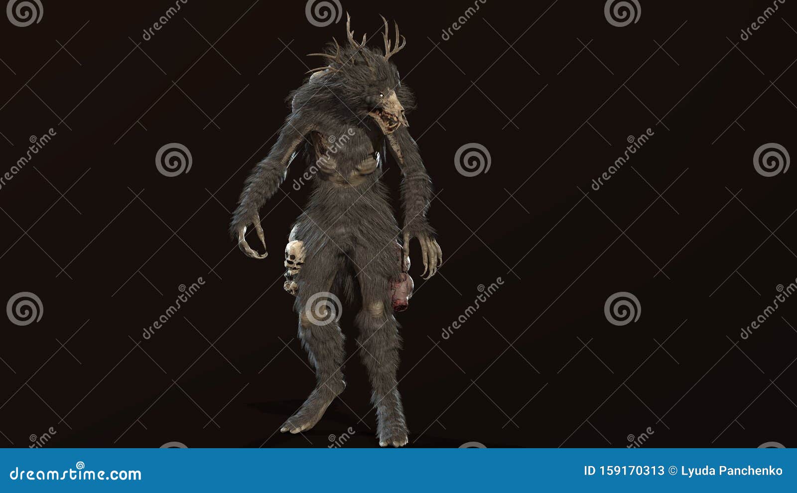 Wendigo Monster Head. Animal Skull With Deer Horns Fur And Ears ...