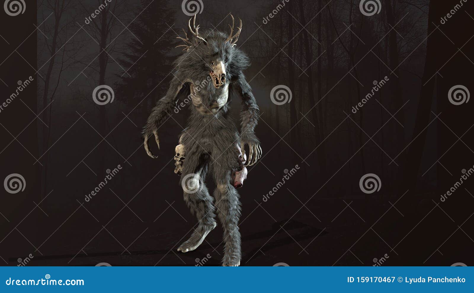 Wendigo Monster Head. Animal Skull With Deer Horns Fur And Ears ...