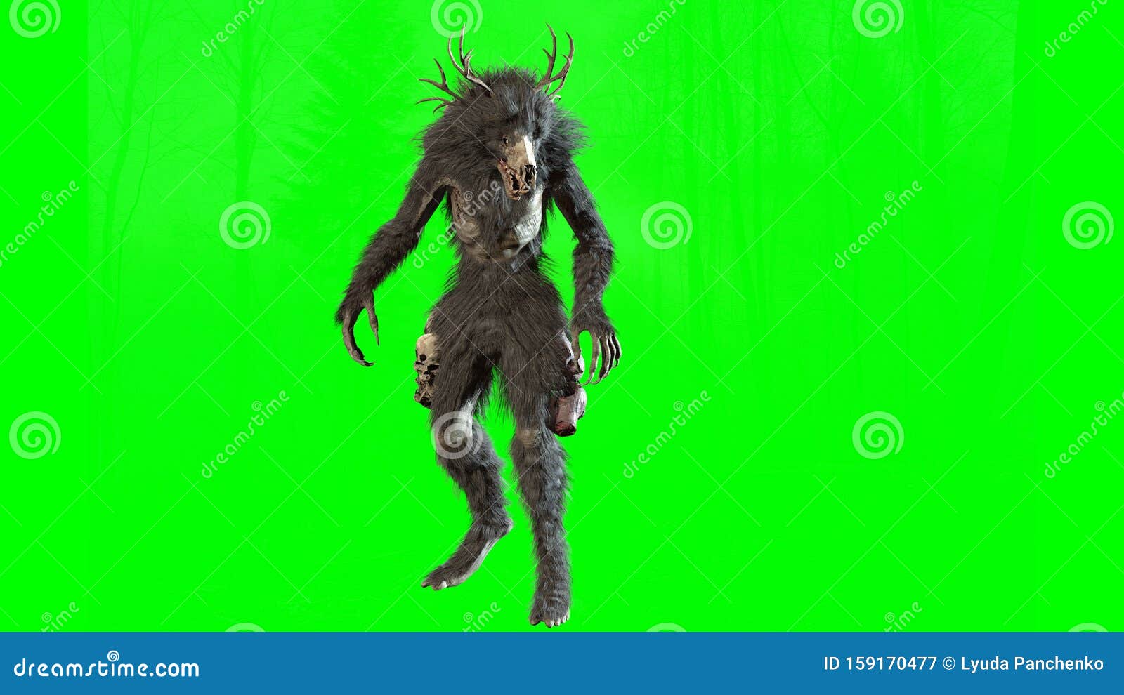 Wendigo Monster Head. Animal Skull With Deer Horns Fur And Ears ...