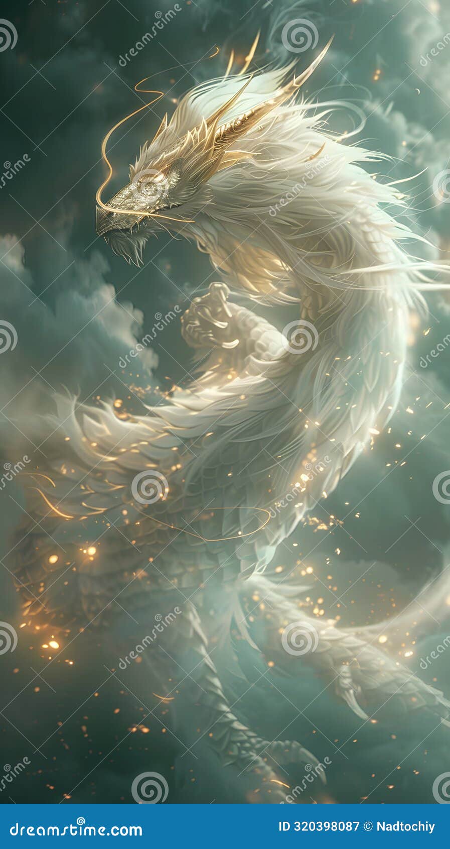 A Mythical White Dragon Soars through the Sky among the Clouds Stock ...