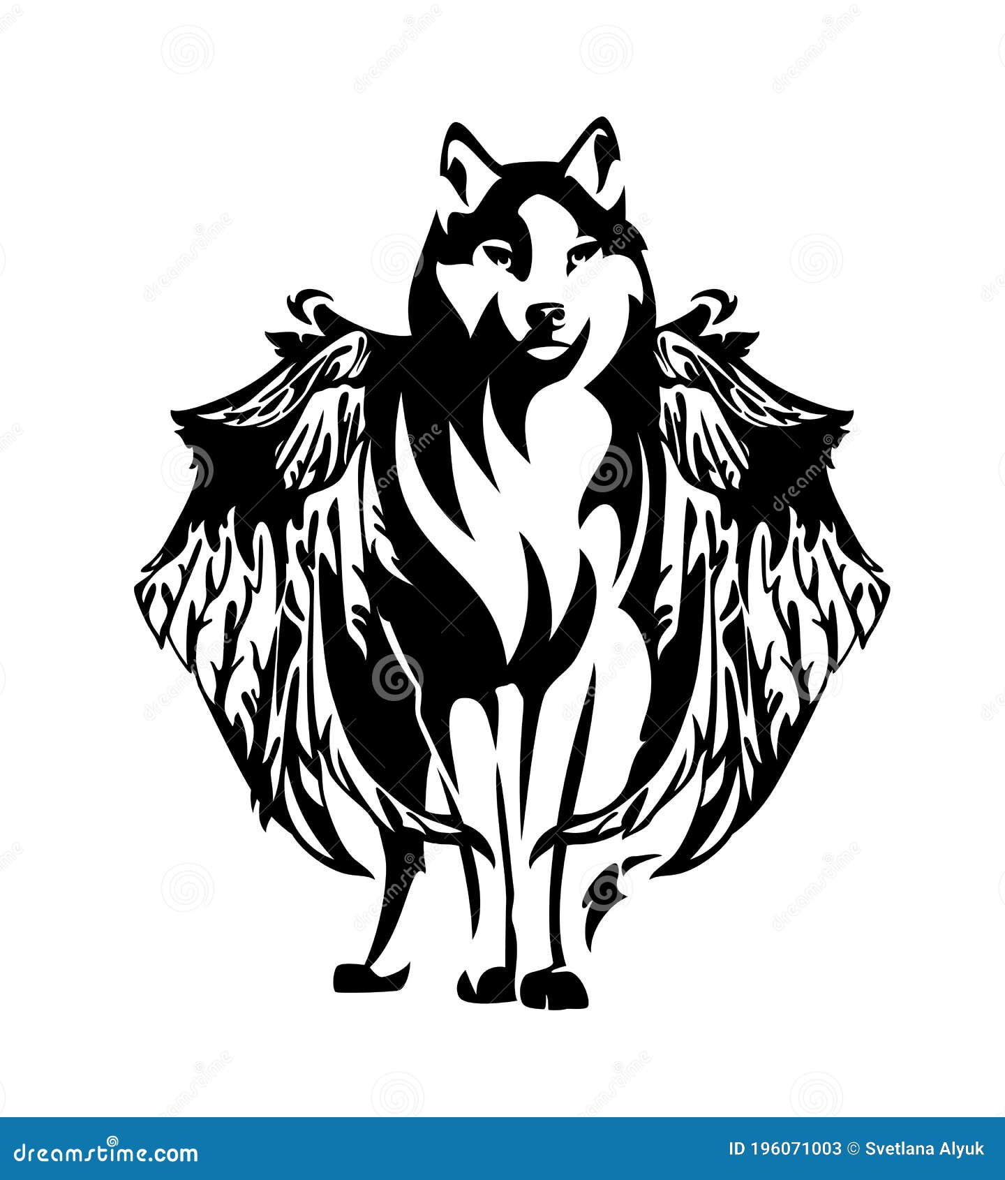 Mythical Winged Wolf And Crescent Moon Black And White Vector Outline ...