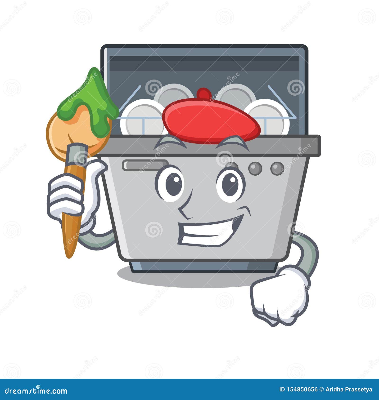 Máquina Del Lavaplatos De La Mascota Del Artista En La Cocina Ilustración Del Vector