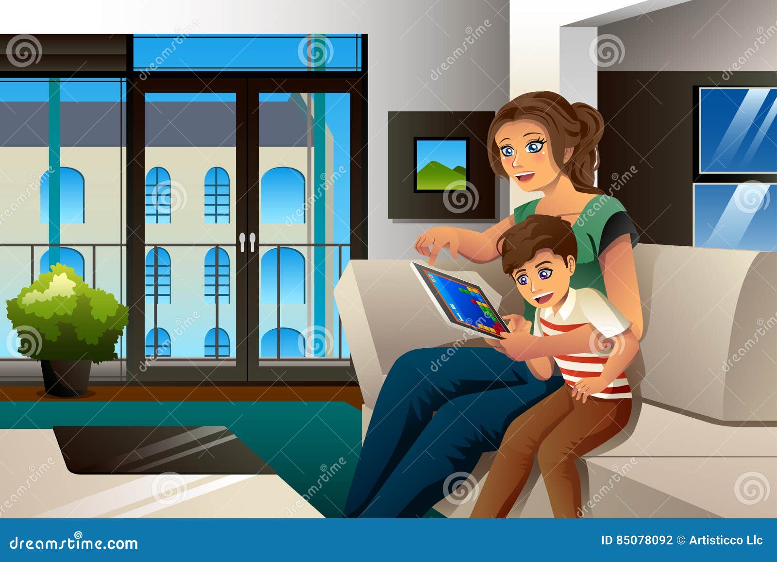 Mãe E Filho Que Jogam O Jogo No Pc Da Tabuleta Ilustração Do Vetor