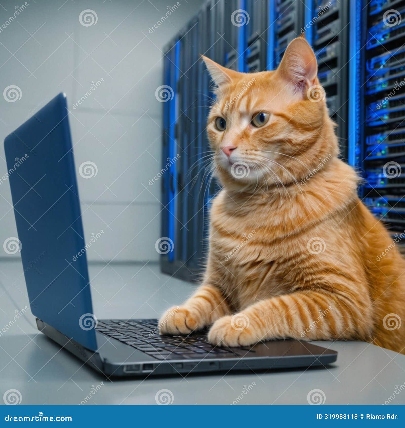 Laptop-Wielding Feline: Commanding the Server Room Stock Illustration ...