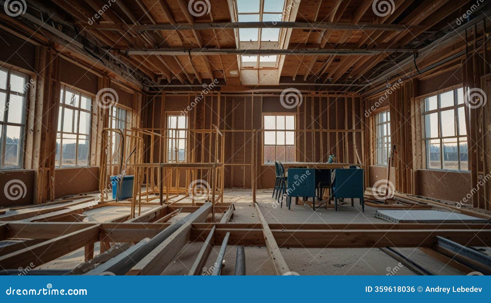 N-Progress Construction of a Room with Exposed Wooden Framing, Skylight ...