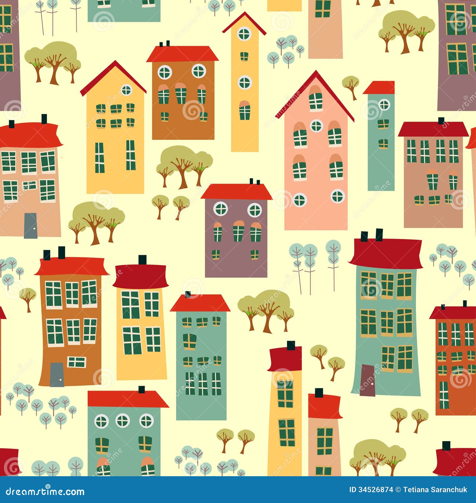 Naadloos Patroon Met Leuke Huizen Vector Illustratie - Illustration of ...