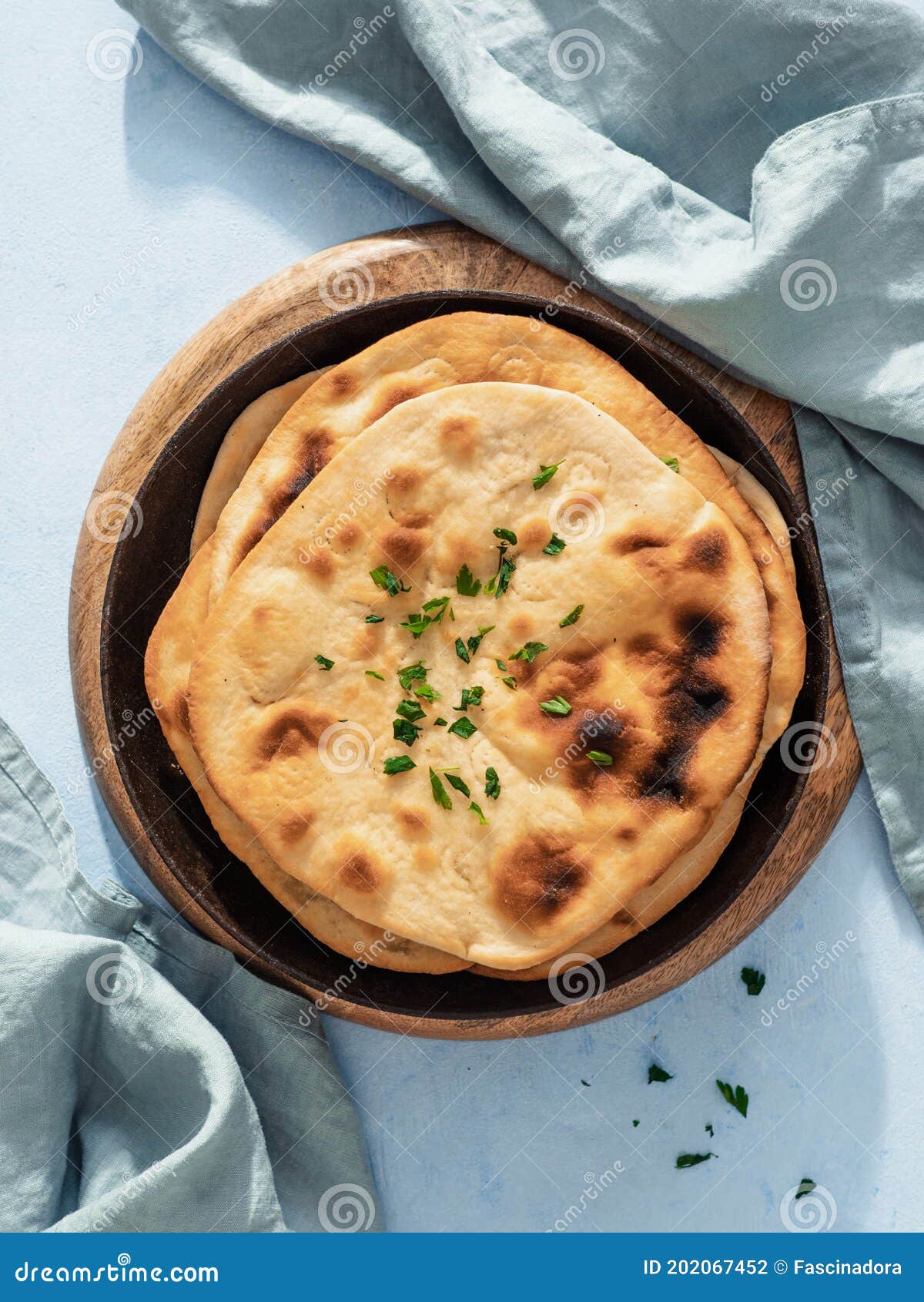 Naan Flatbread on Blue, Copy Space, Top View Stock Photo - Image of ...