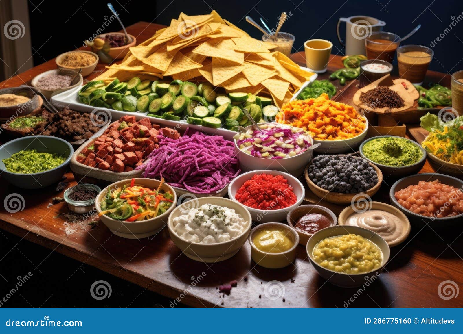 Nacho Assembly Line with Various Toppings Stock Photo - Image of food ...