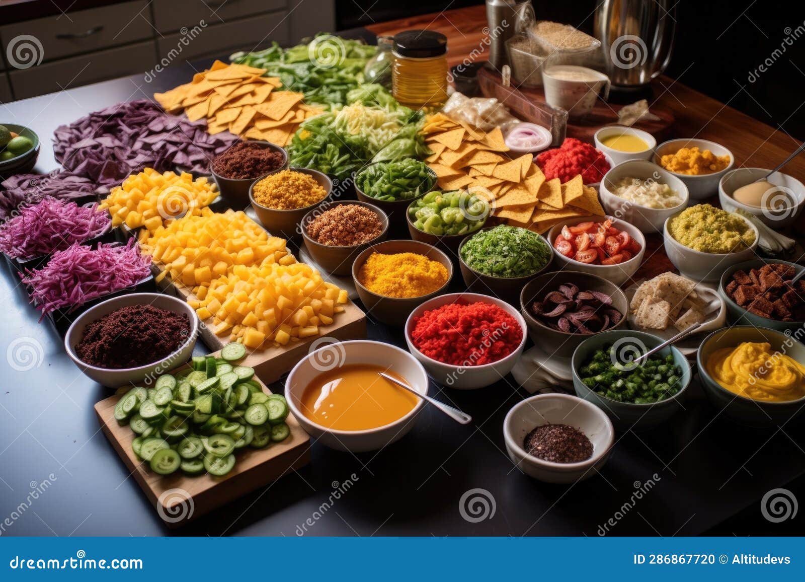 Nacho Assembly Line with Various Toppings Stock Illustration ...