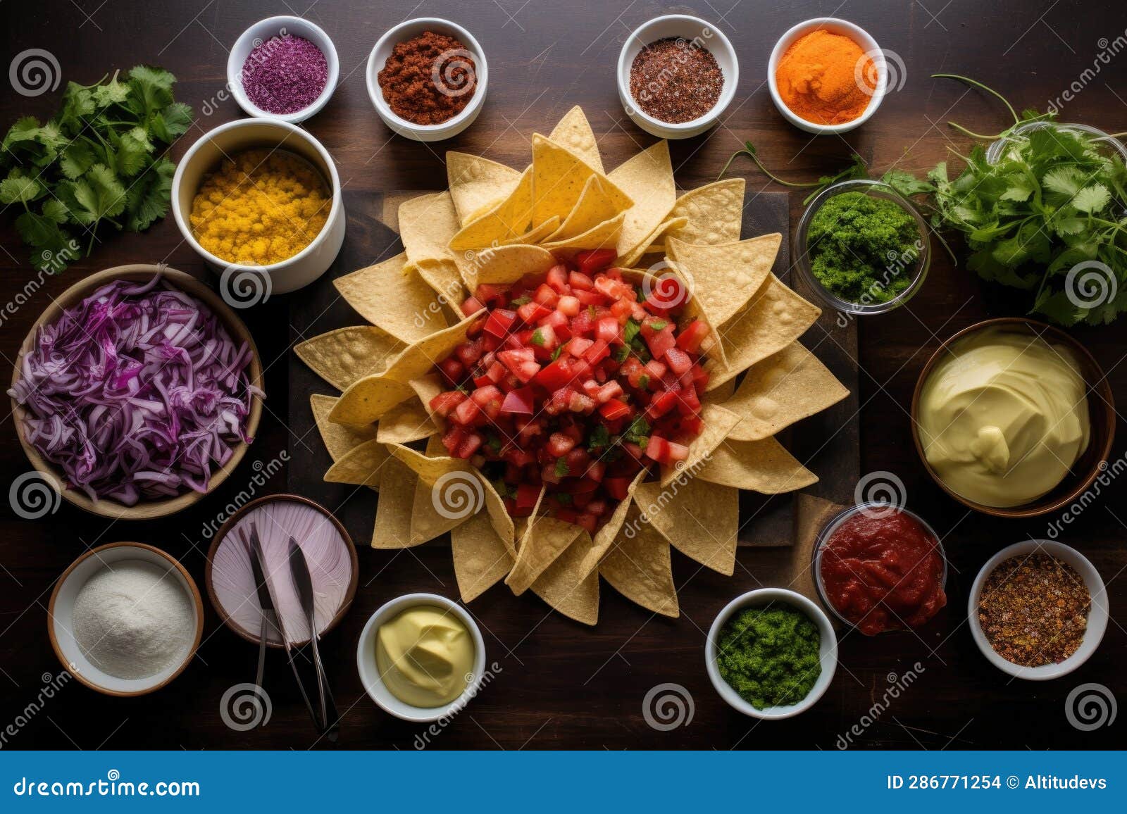 Nacho Assembly Process with Ingredients in Bowls Stock Illustration ...