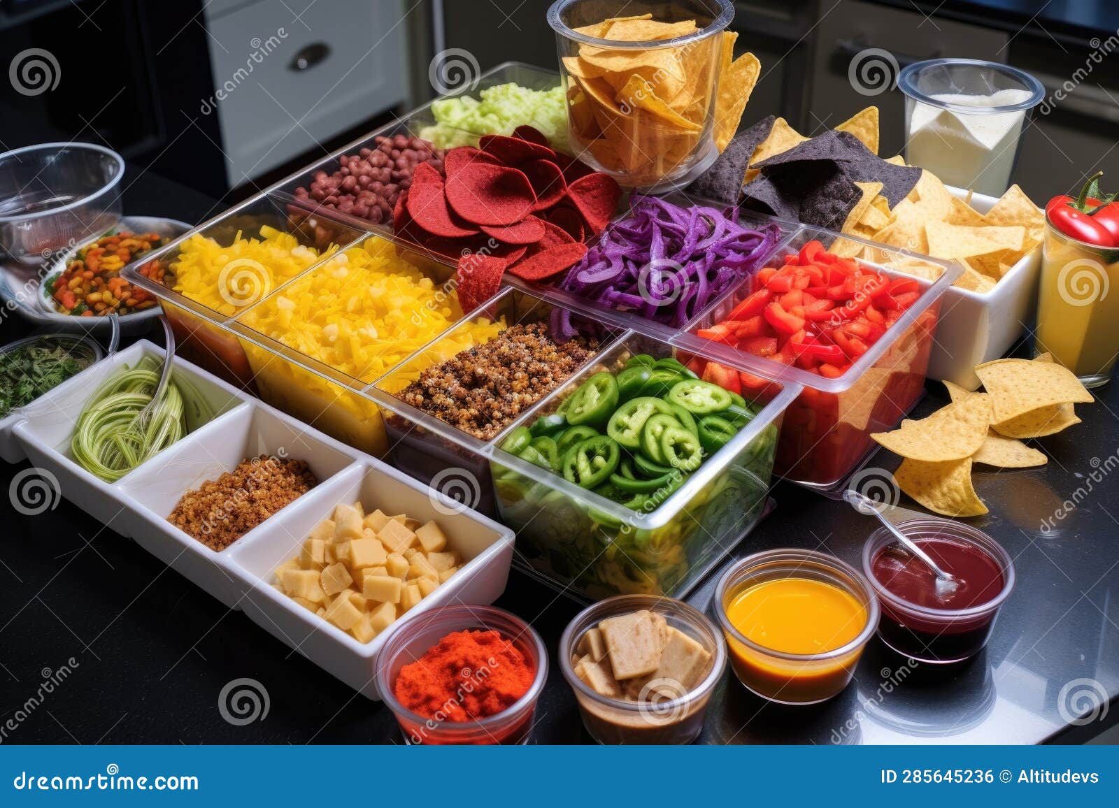 Nacho Assembly Station With Various Toppings Stock Photography ...
