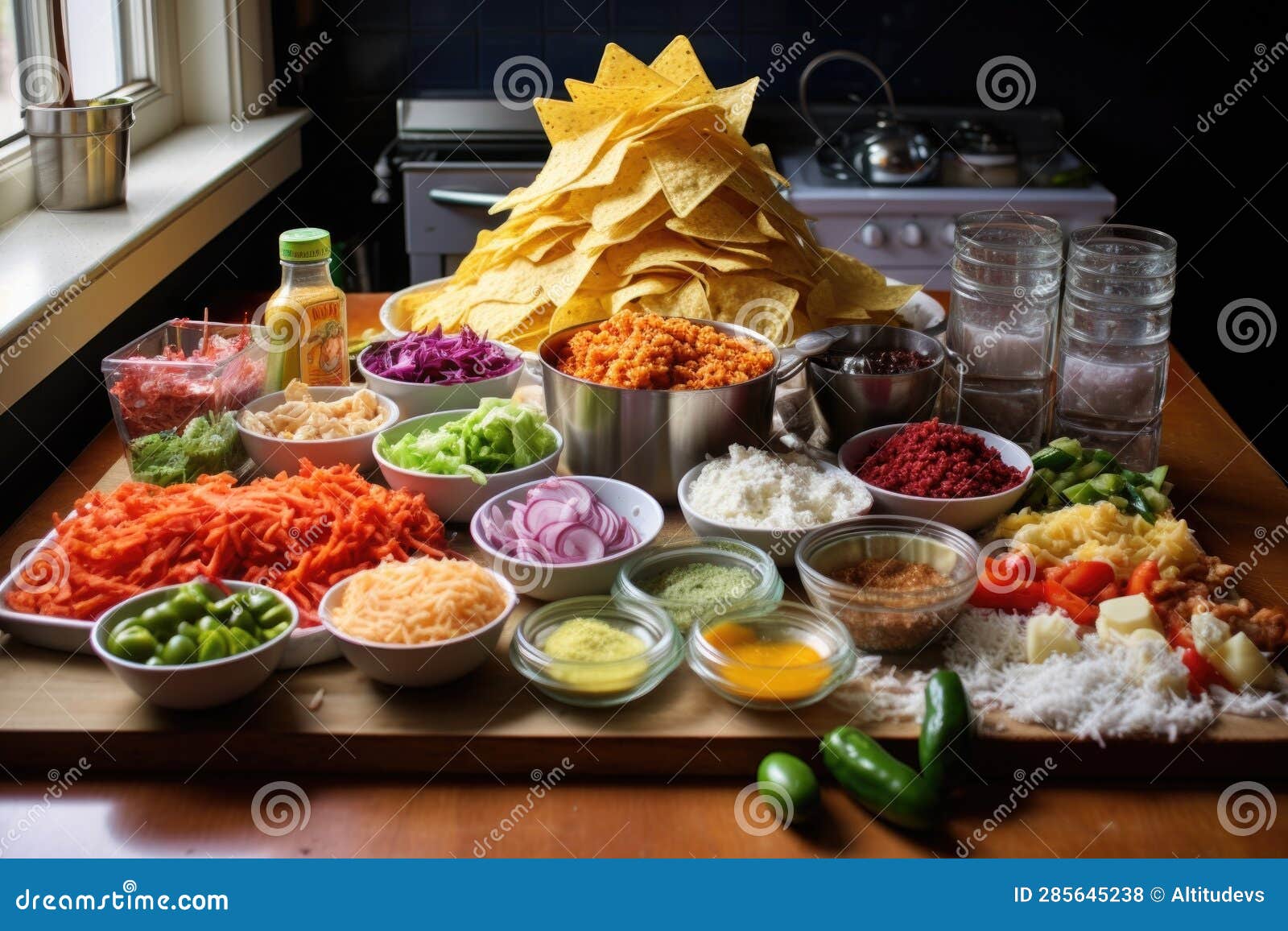 Nacho Assembly Station with Various Toppings Stock Photo - Image of ...