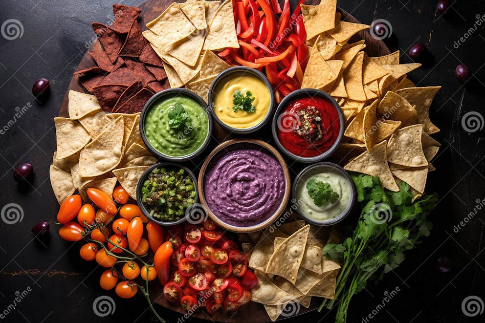 Nachos Arranged in a Circle with Dips in Center Stock Illustration ...
