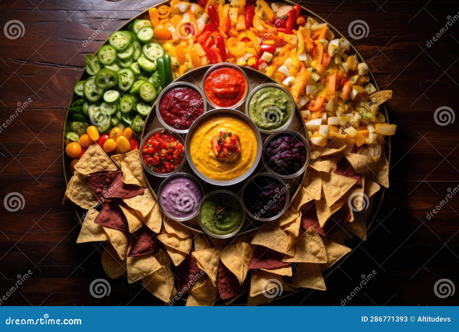 Nachos Arranged in a Circle with Dips in Center Stock Illustration ...