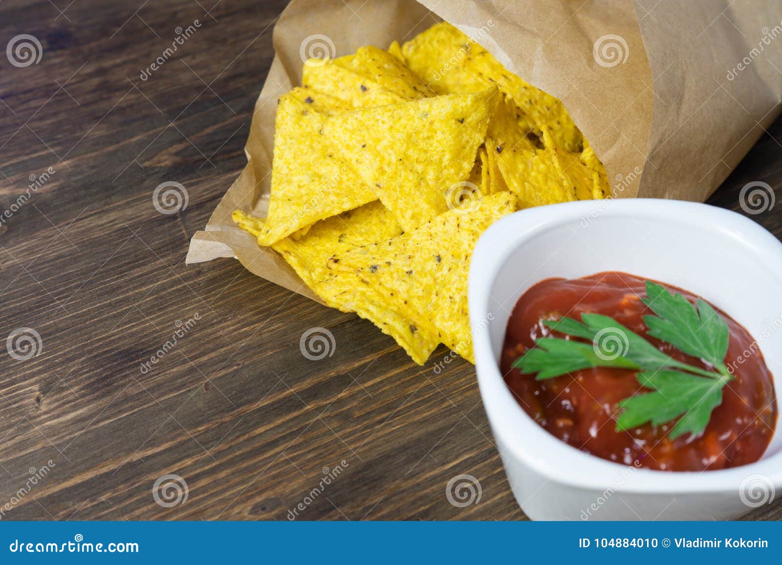Nachos Corn Chips with Classic Tomato Salsa. Fresh Cold Beer is Perfect ...