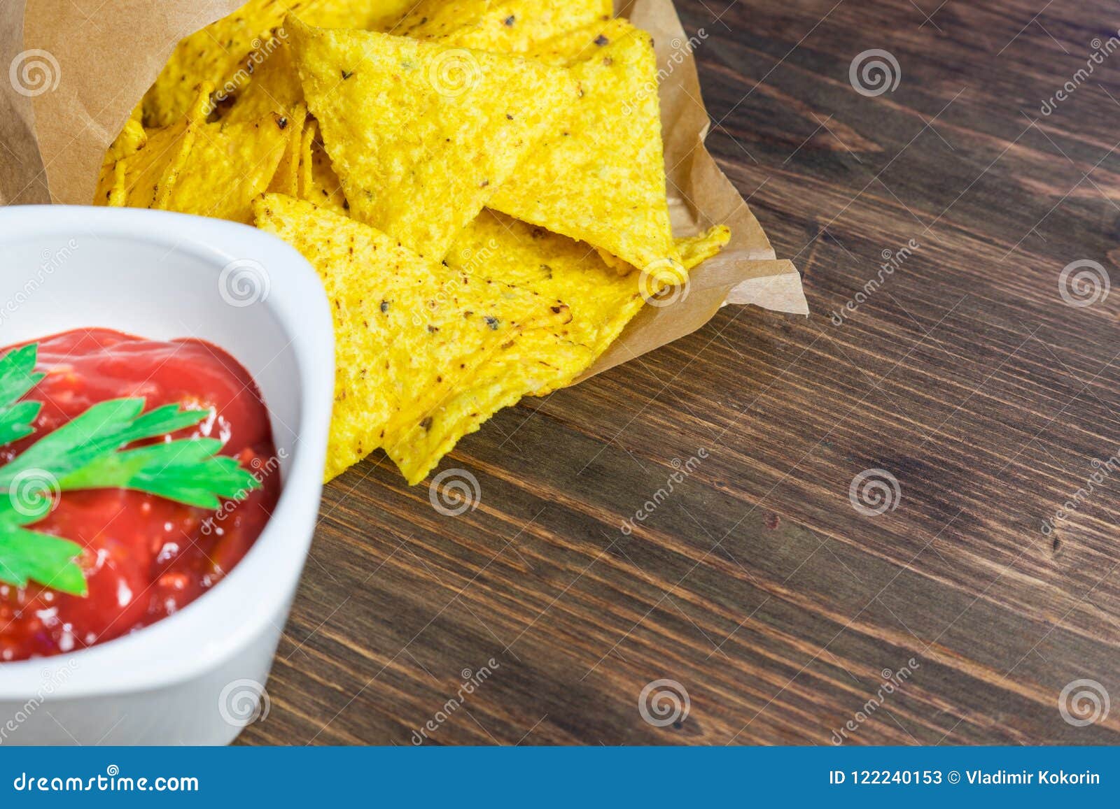 Nachos Corn Chips with Classic Tomato Salsa. Fresh Cold Beer is Perfect ...