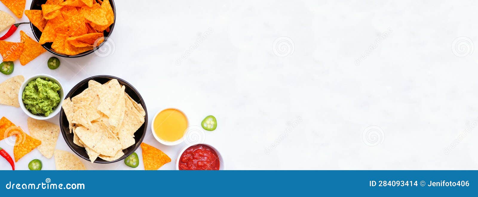 Nachos and Dip Corner Border Over a White Marble Banner Background ...