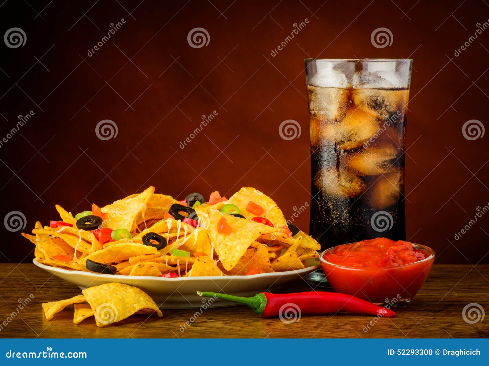 Nachos, Salsa Dip and Cola Drink Stock Photo - Image of salsa, cola ...