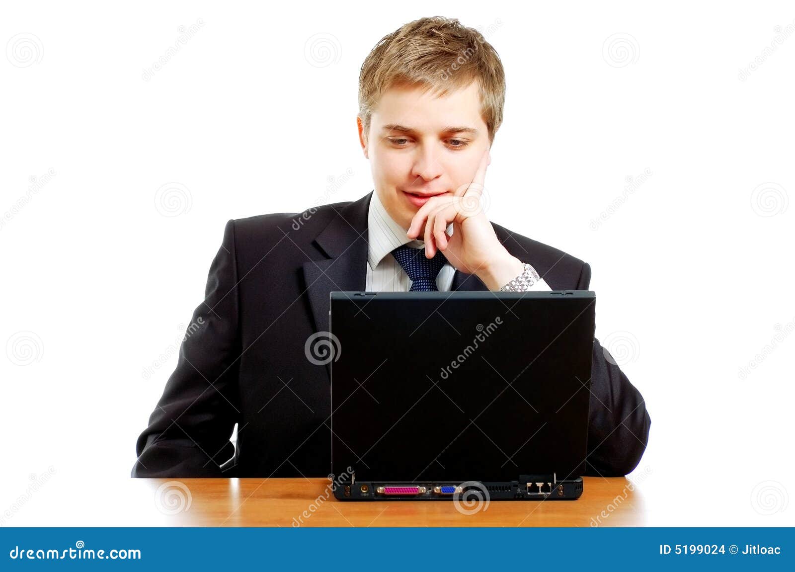 Nadenkende Jonge Zakenman Achter De Computer Stock Foto - Image of ...