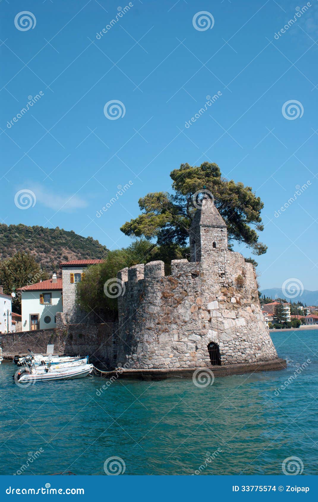 Nafpaktos Greece,port Side Lighthouse Closeup Central Stock Photo ...