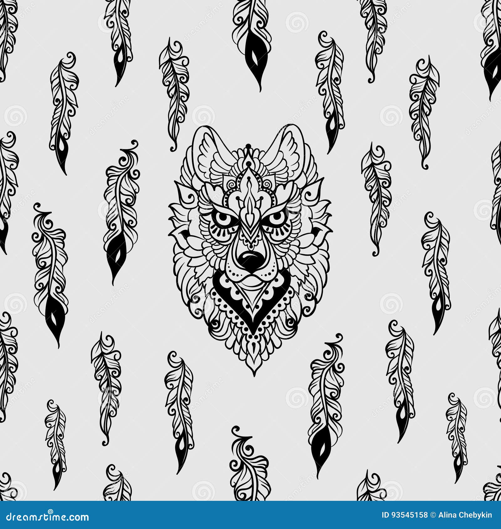 Nahtloses Muster Mit Wolf Und Federn Vektor Abbildung - Illustration ...