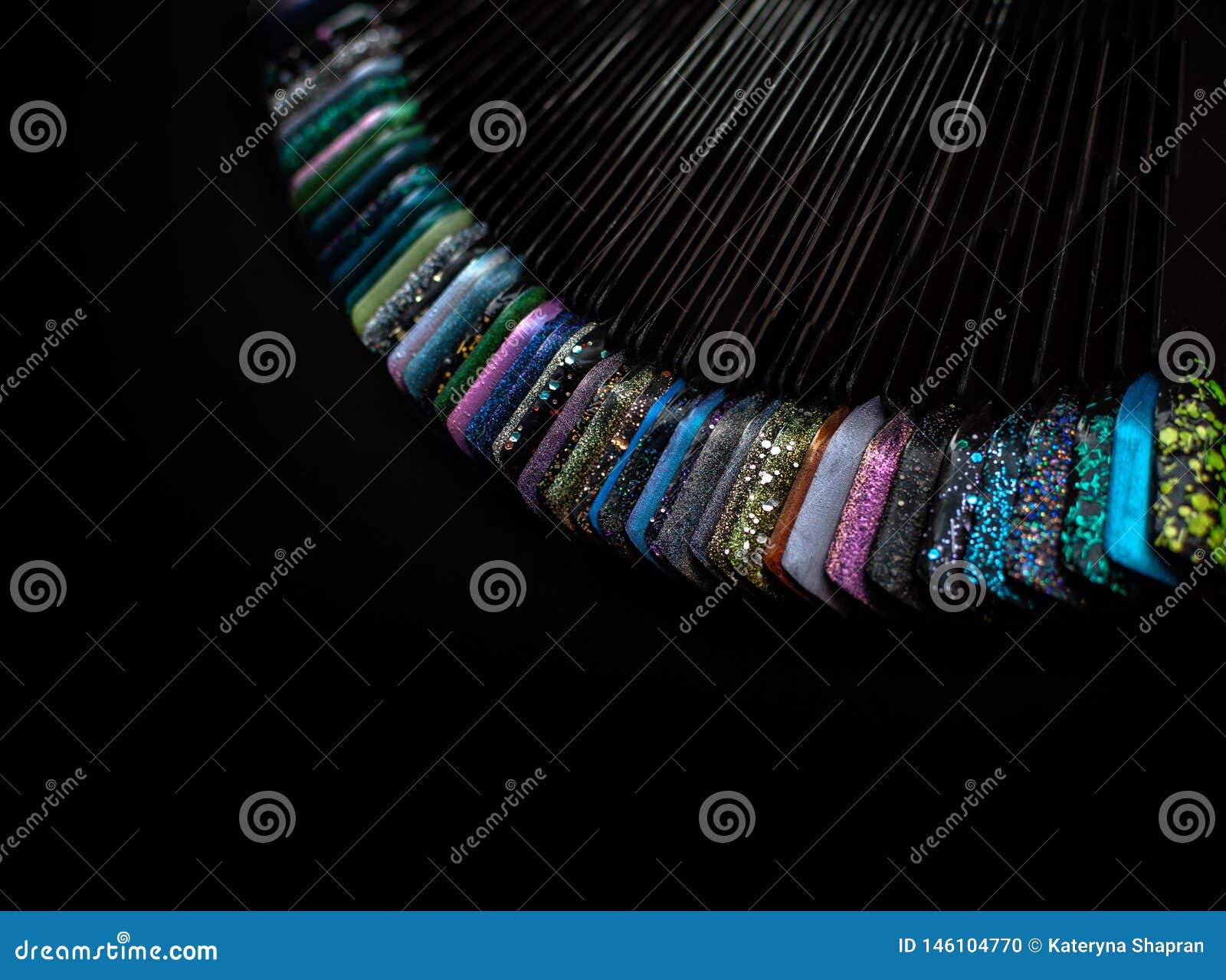 Nail Art Color Wheel on Black Background. Set of Artificial Nails and ...