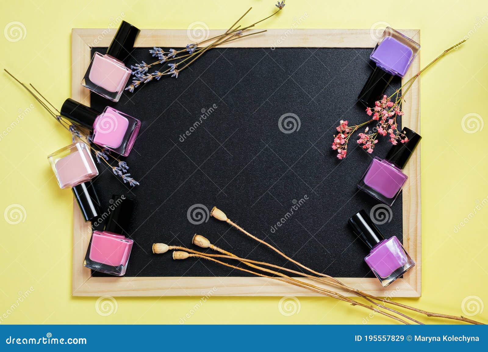 Nail Polish Frame. Set of Nail Polish Bottles with Flowers on Black ...