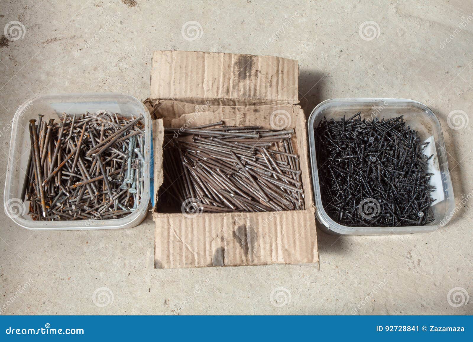 Nails and Screws are in the Plastic and Paper Boxes. Stock Image ...
