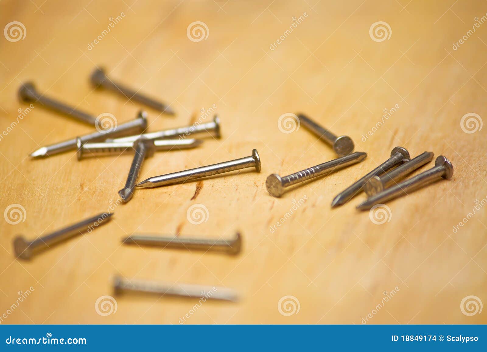 Nails on the wood board. stock photo. Image of construction - 18849174