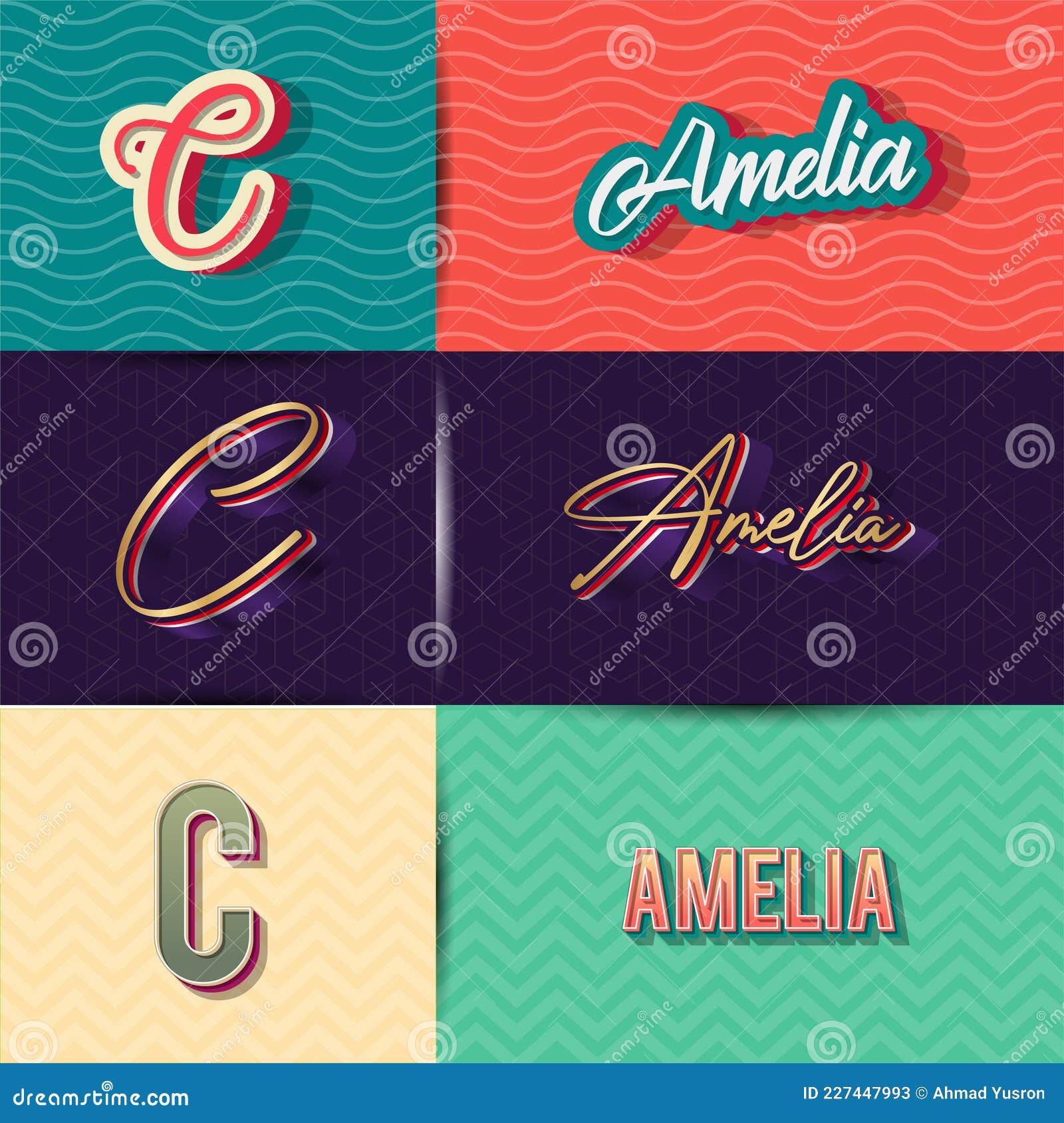 Name Amelia in Various Retro Graphic Design Elements, Set of Vector ...