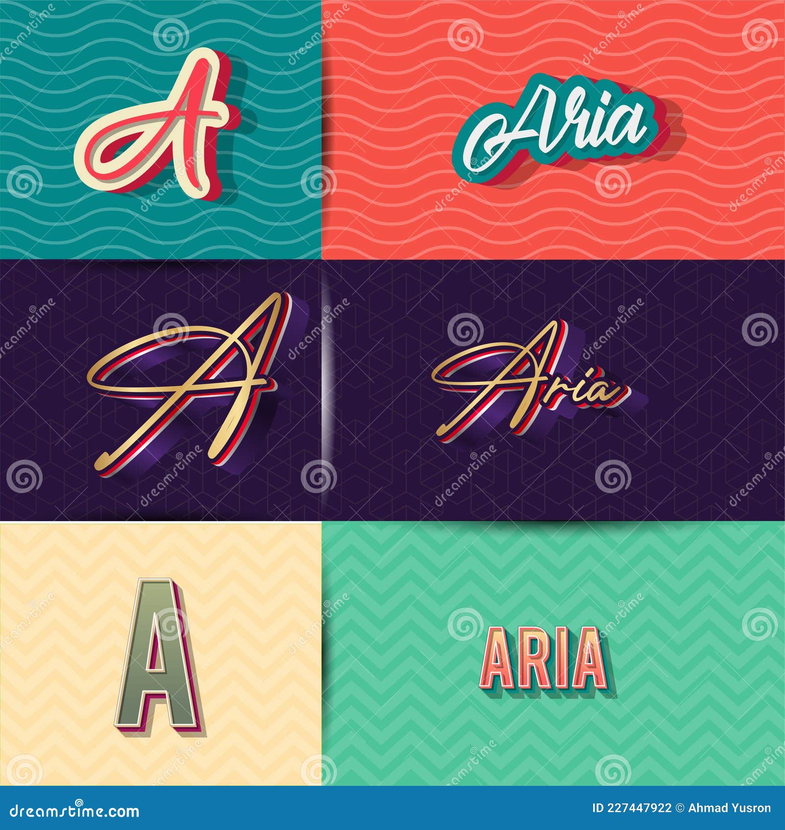 Name Aria in Various Retro Graphic Design Elements, Set of Vector Retro ...