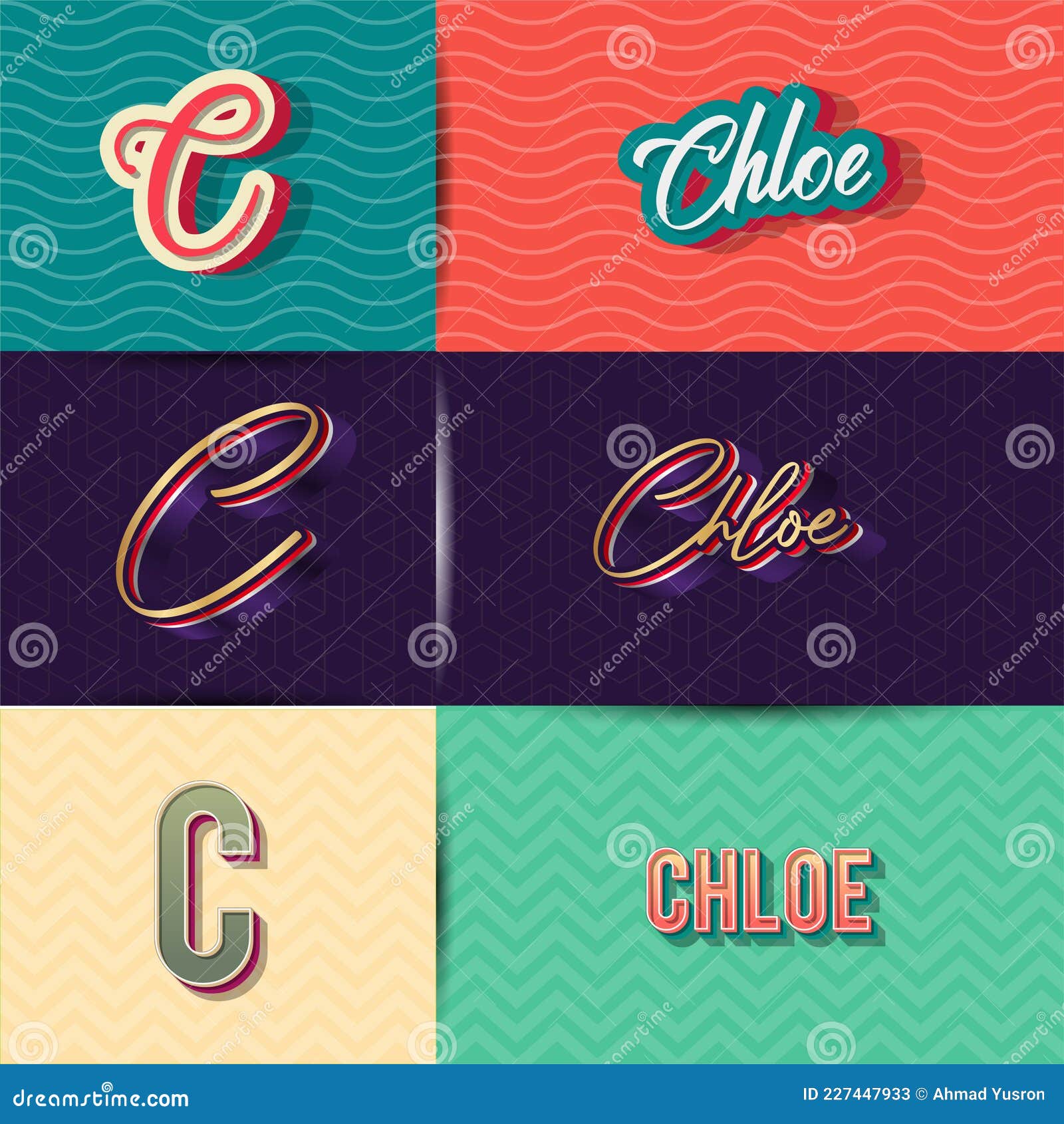 Name Chloe in Various Retro Graphic Design Elements, Set of Vector ...
