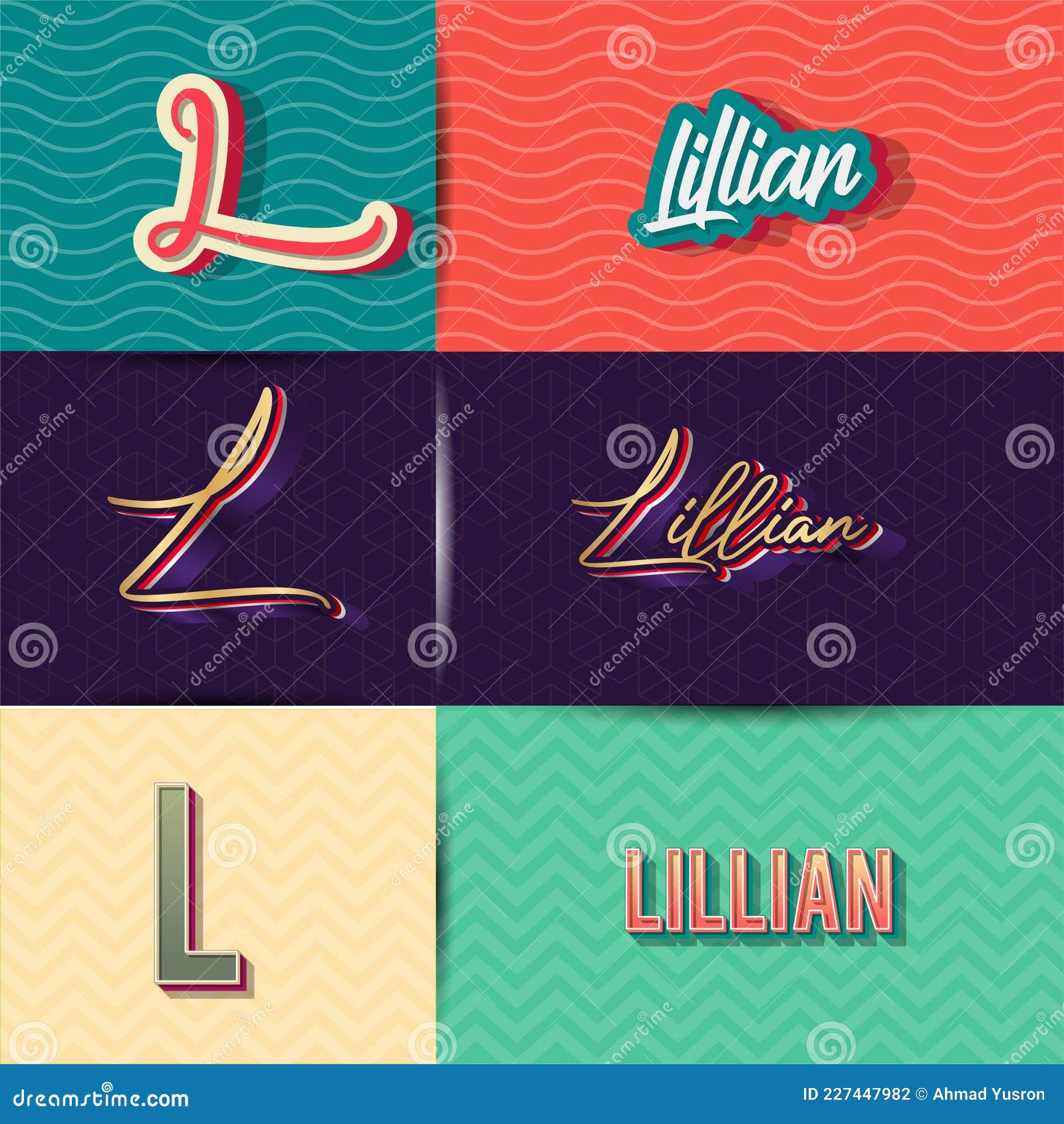 Name LILIAN in Various Retro Graphic Design Elements, Set of Vector ...