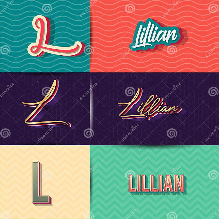 Name LILIAN in Various Retro Graphic Design Elements, Set of Vector ...