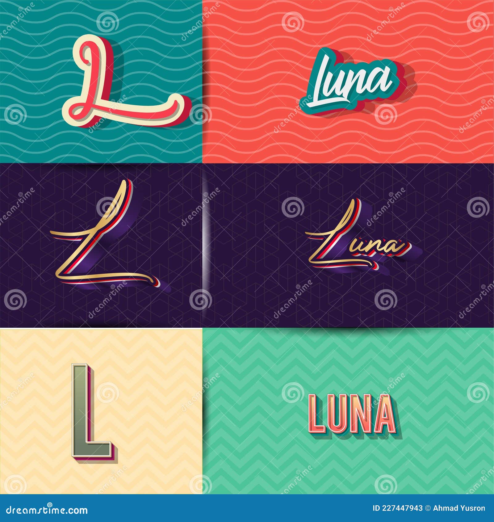 Name Luna in Various Retro Graphic Design Elements, Set of Vector Retro ...