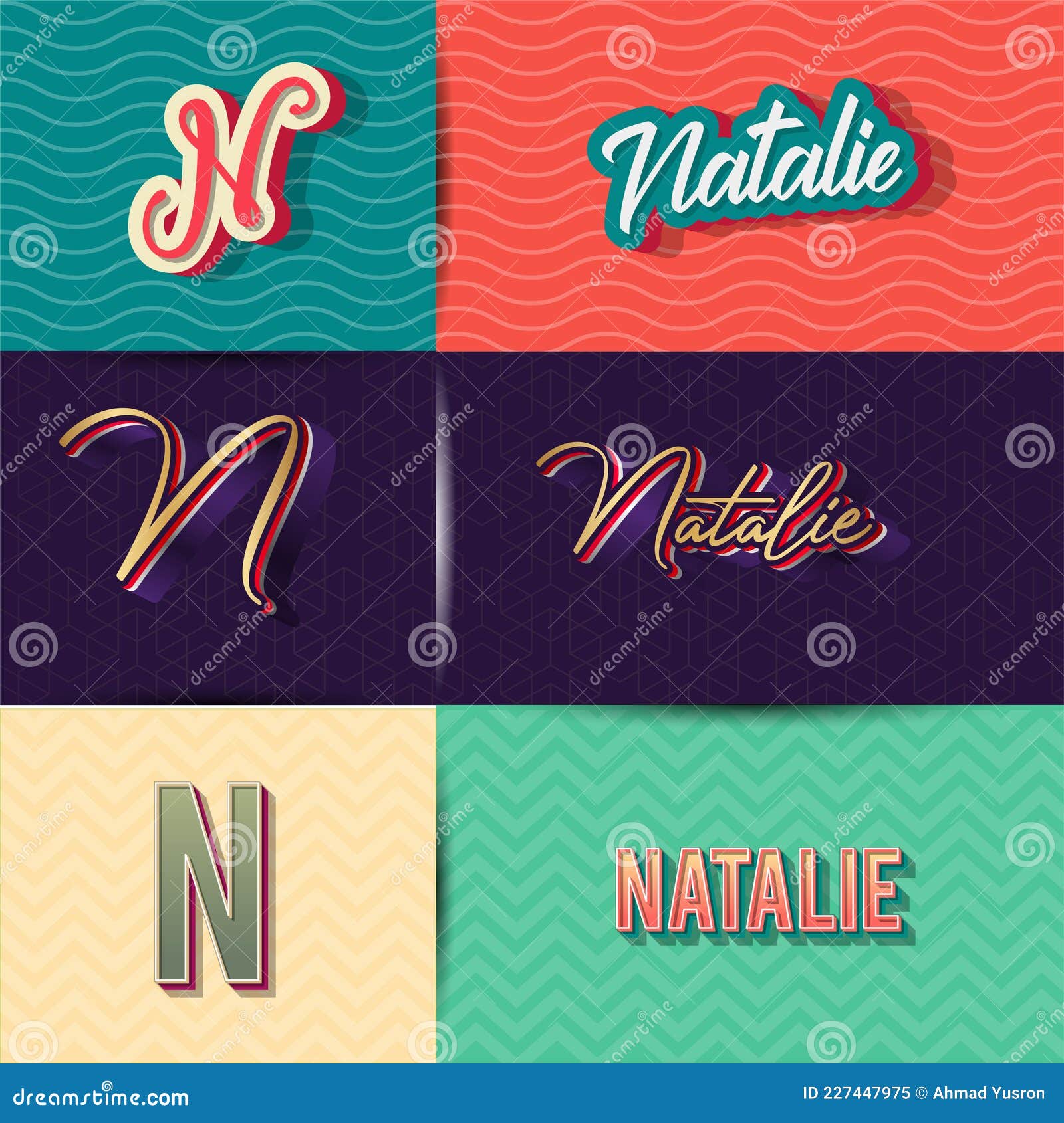 Name Natalie in Various Retro Graphic Design Elements, Set of Vector ...