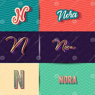 Name Nora in Various Retro Graphic Design Elements, Set of Vector Retro ...