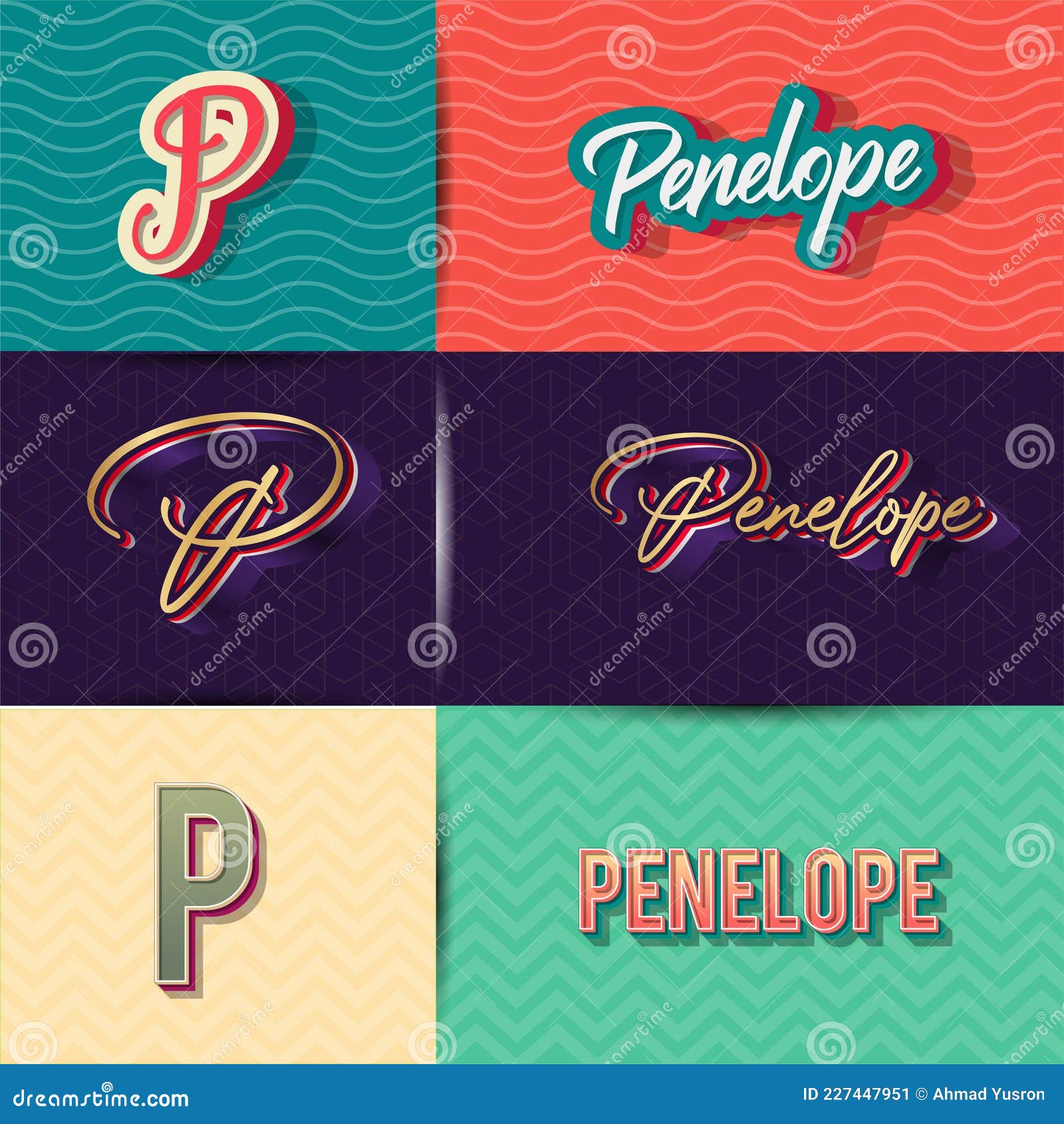 Name Penelope in Various Retro Graphic Design Elements, Set of Vector ...
