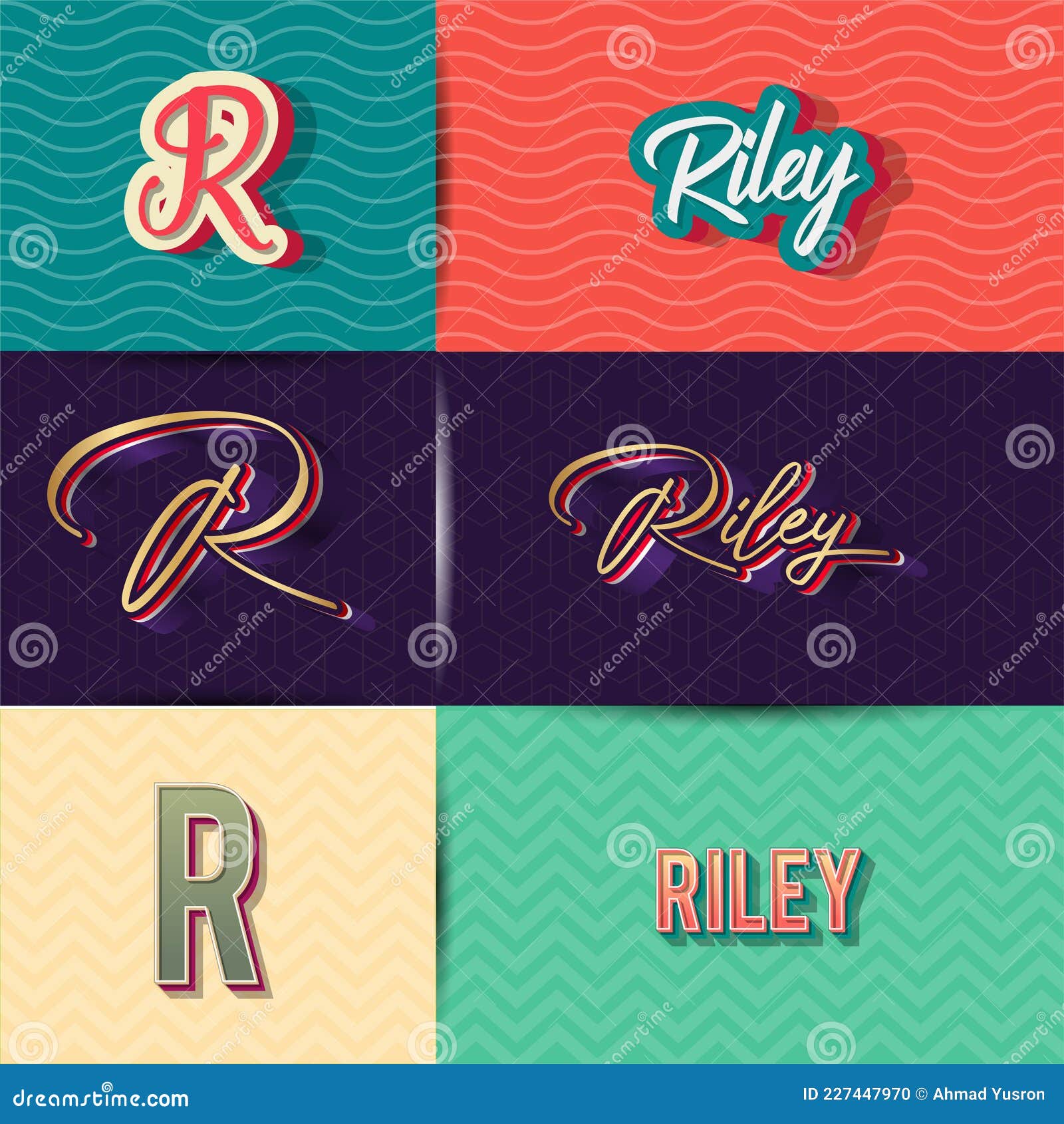 Name Riley in Various Retro Graphic Design Elements, Set of Vector ...