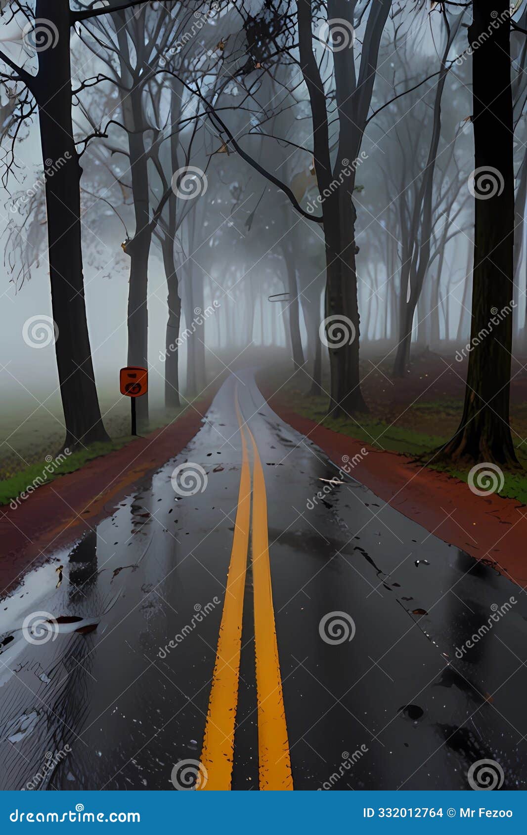 A Name on Road Raining and Around Fog and Trees -1 Stock Illustration ...